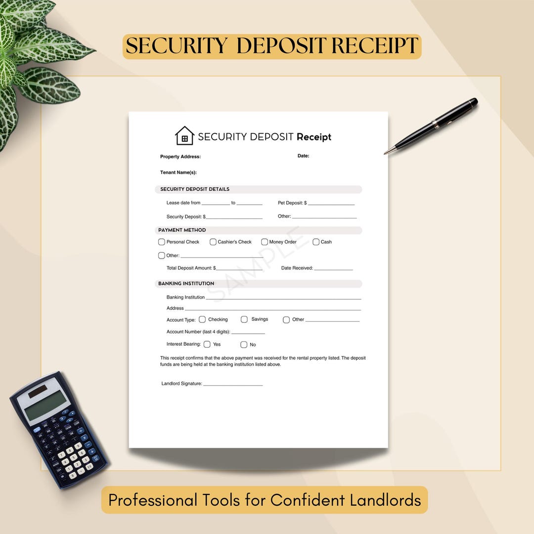 Security Deposit Receipt (printable & Fillable PDF) | Landlord Deposit ...