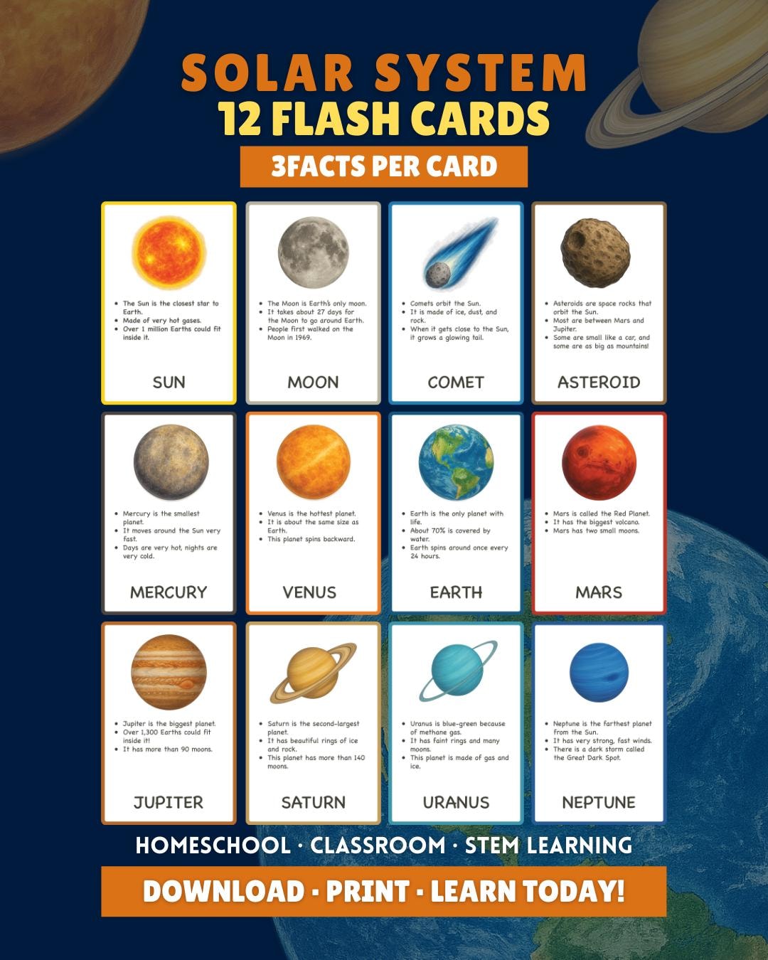Solar System Flashcards: Fun Space Facts for Kids (printable PDF) - Etsy