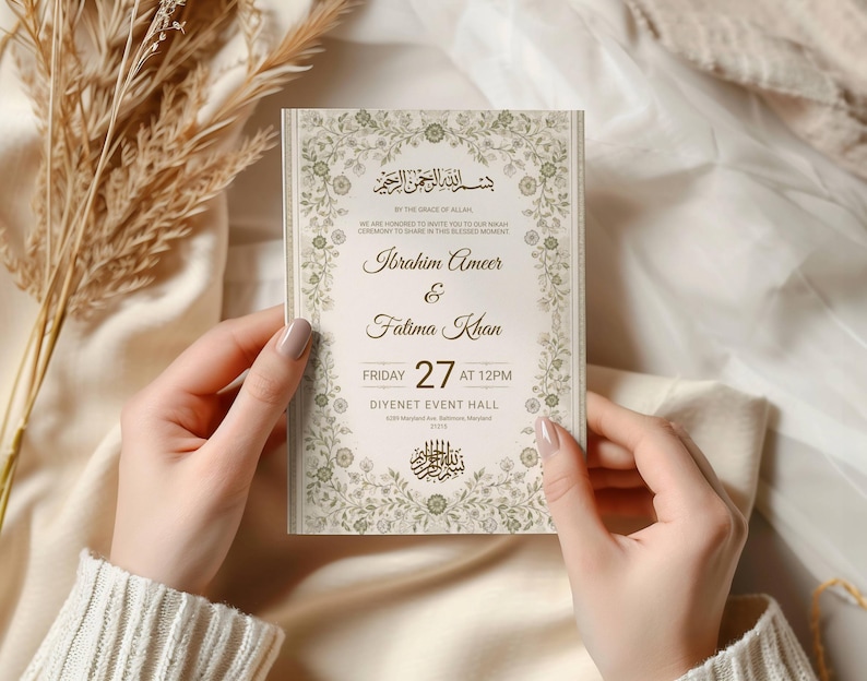 Sage Green Beige Floral Nikkah Invitation Template, Elegant Islamic ...
