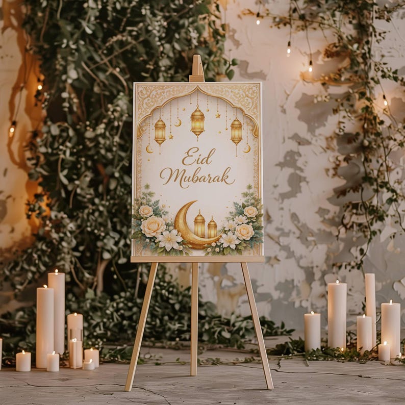 Eid Mubarak Floral Crescent Foam Board Sign 18x24 Islamic Party ...