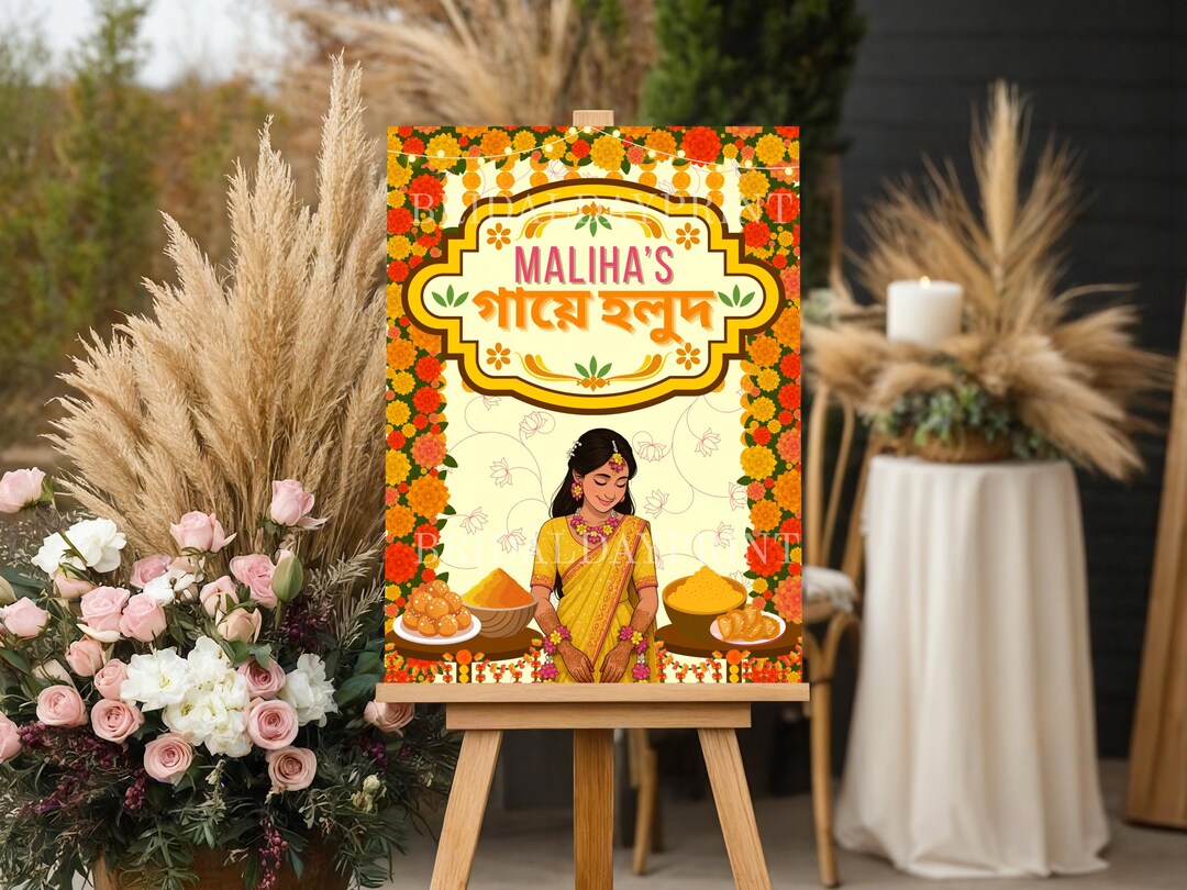 Gaye Holud Sign: Bengali Wedding Poster With Marigolds (digital ...
