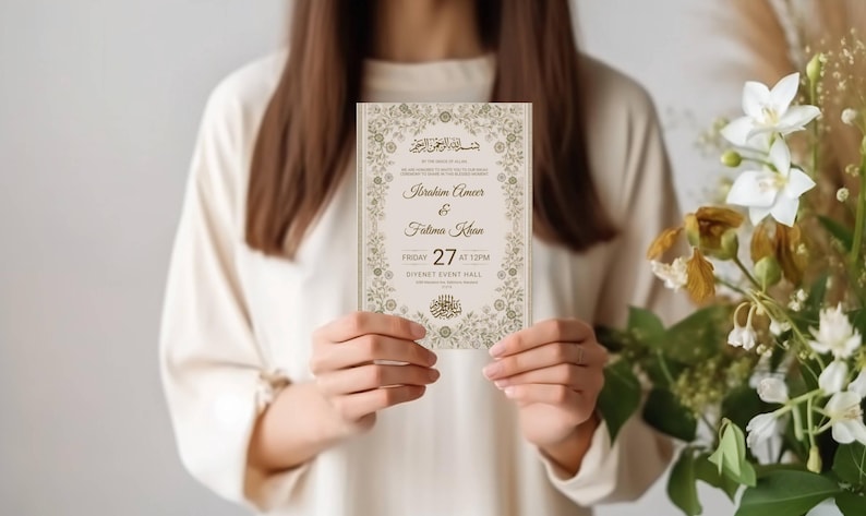 Sage Green Beige Floral Nikkah Invitation Template, Elegant Islamic ...