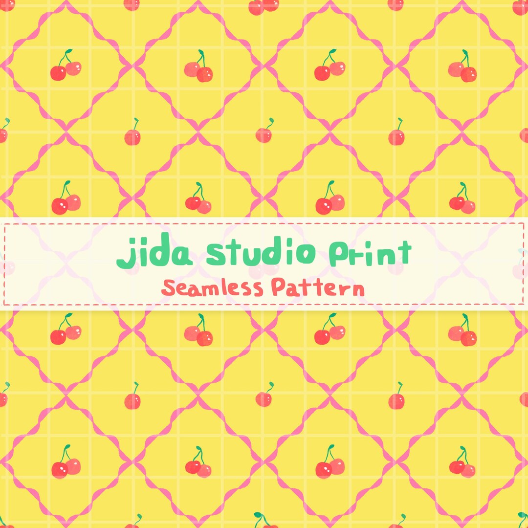 Cherry Seamless Pattern, Diamond Grid Fruit Repeat, Hand Drawn Fabric ...