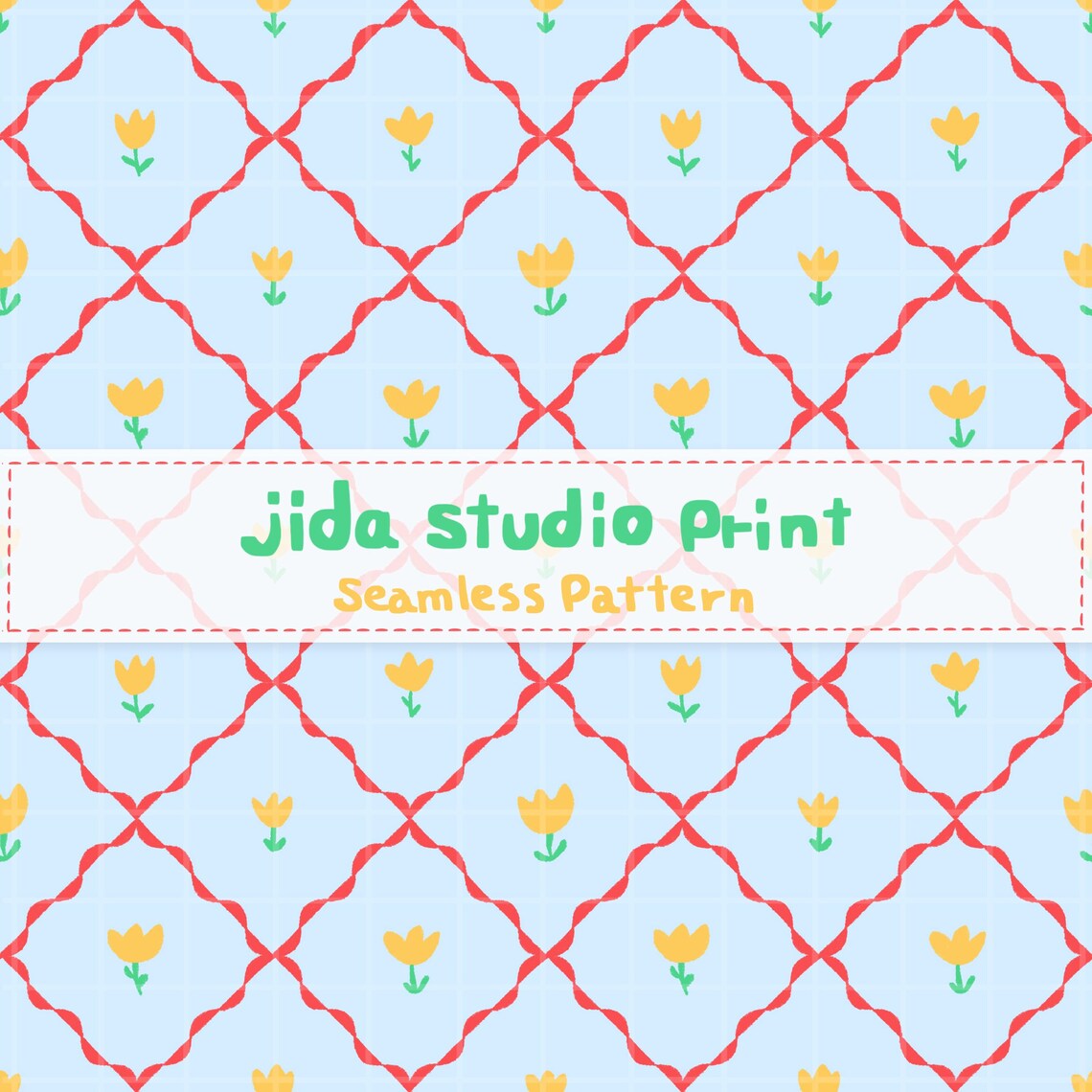 Cute Tulip Seamless Pattern, Spring Flower Diamond Grid Design, Pastel ...