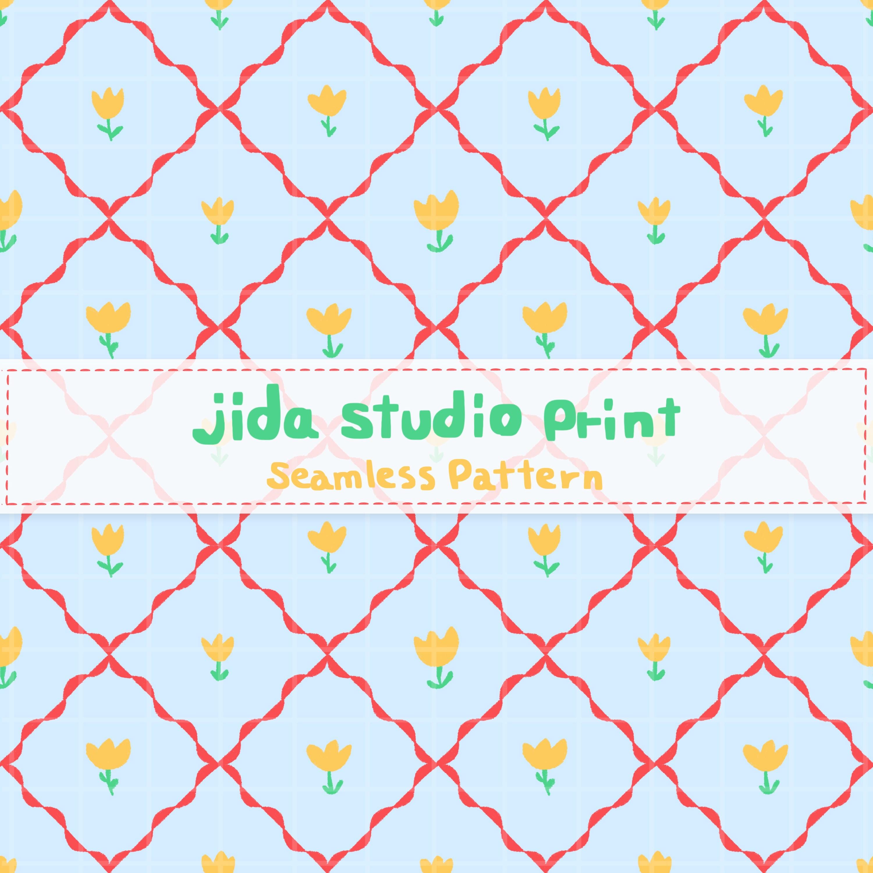 Cute Tulip Seamless Pattern, Spring Flower Diamond Grid Design, Pastel ...
