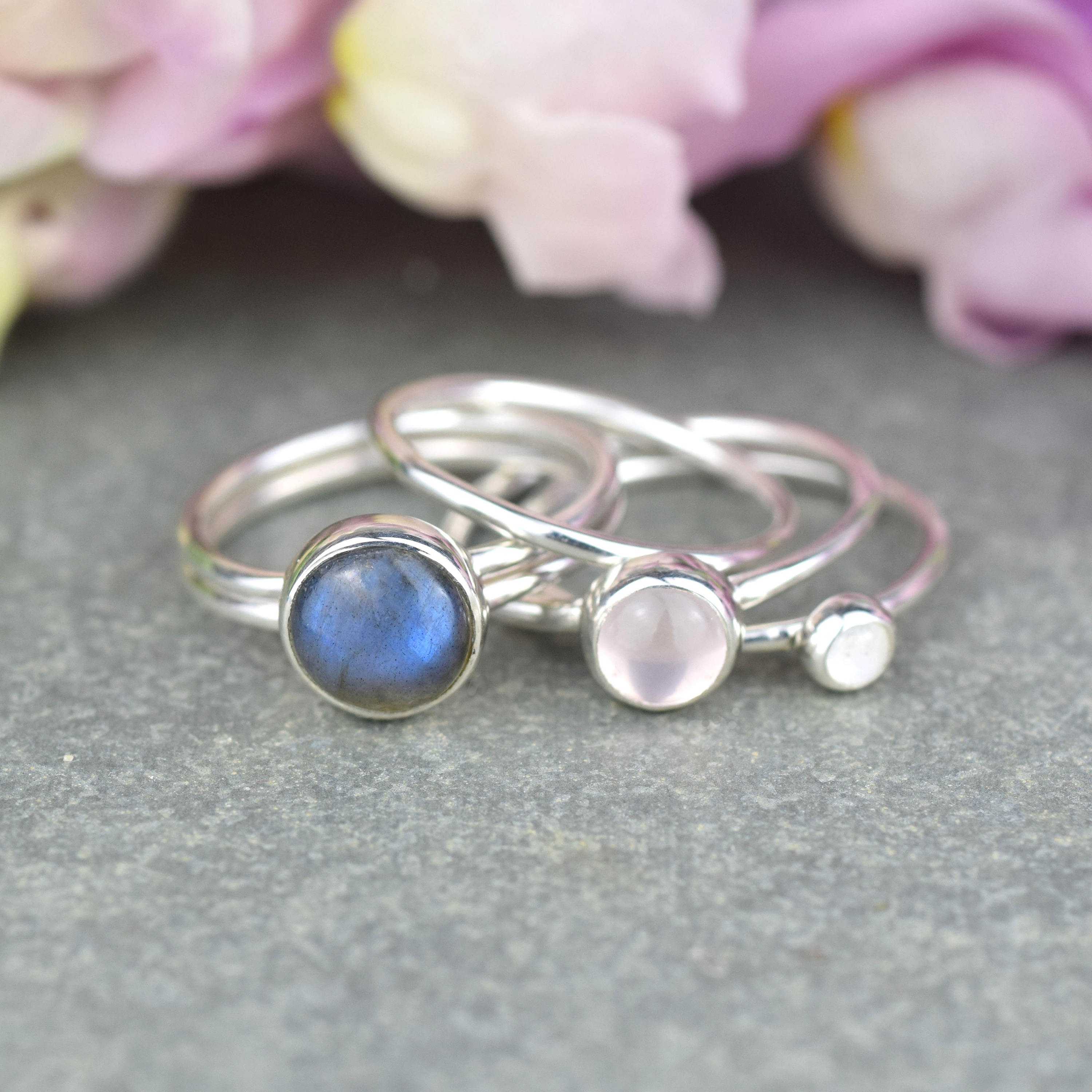 Labradorite, Rose Quartz and Moonstone Stacking Ring - Silver Stackable ...