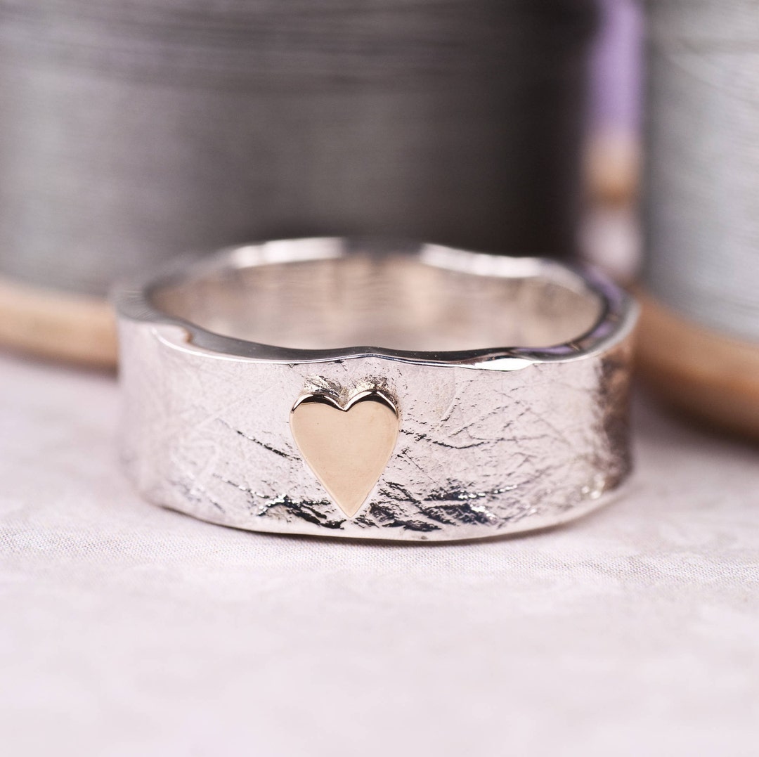 Silver and Gold Wide Heart Ring, Sterling Silver Textured Chunky Heart ...