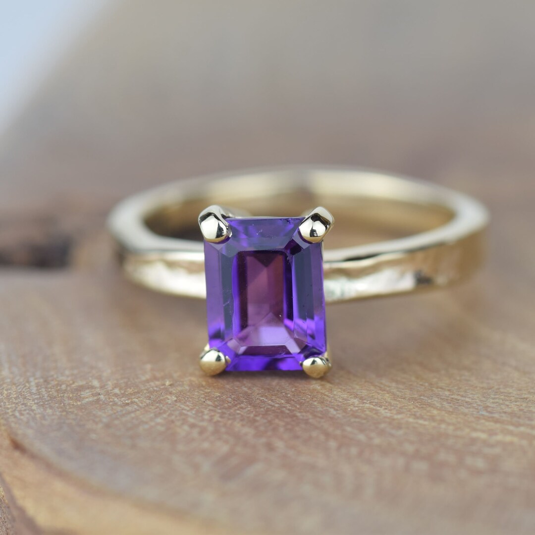 Guinevere Emerald Cut Rectangular Amethyst Solid Gold Ring - Textured ...