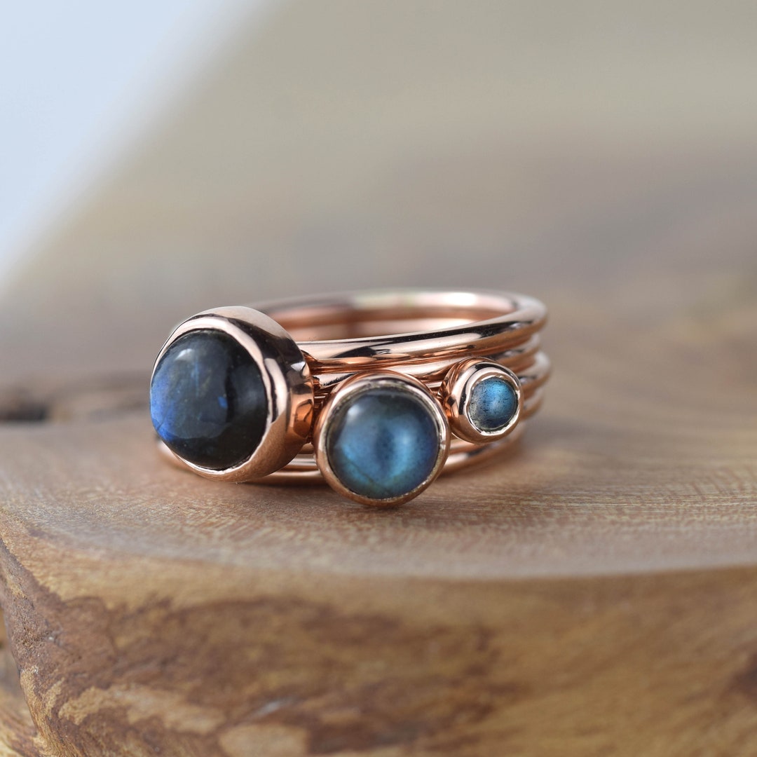 Solid 9ct Rose Gold Labradorite Stacking Ring, Labradorite Stackable ...