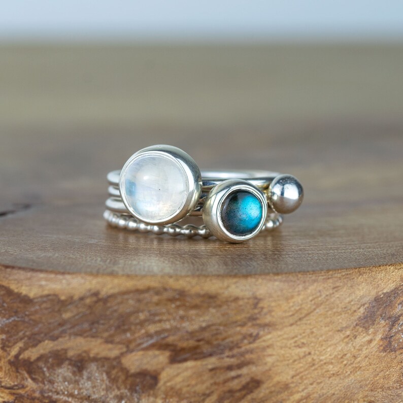 Moonstone and Labradorite Silver Stacking Ring - Etsy