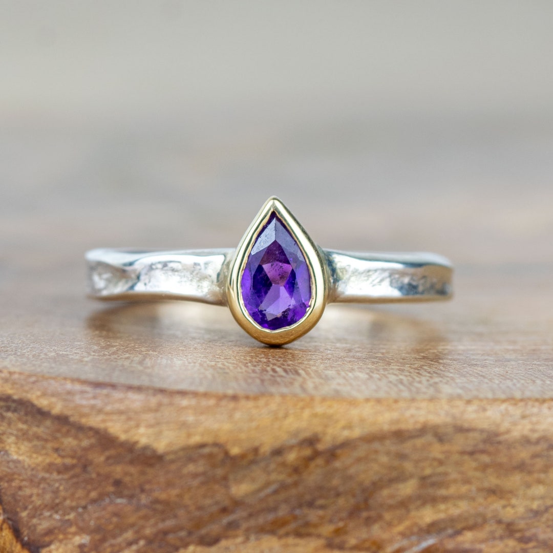 Amethyst Teardrop Ring, Silver and Gold February Birthstone Ring ...