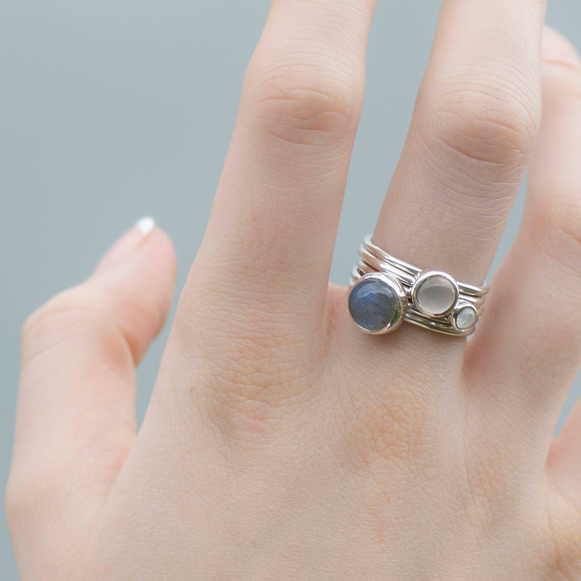 Labradorite, Rose Quartz and Moonstone Stacking Ring - Silver Stackable ...