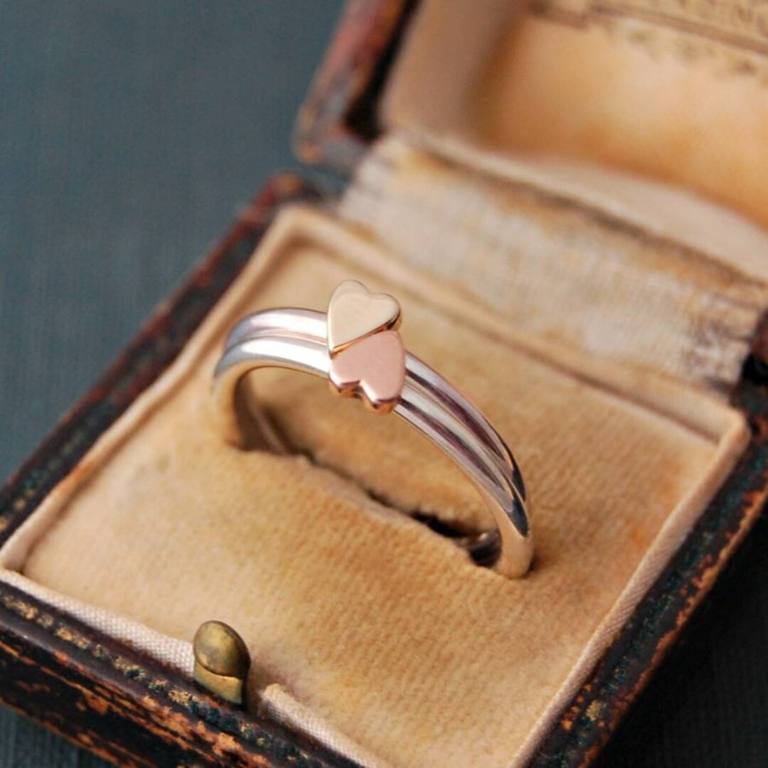 Two Gold and Silver Heart Rings - Dainty Heart Rings - Polished Heart ...