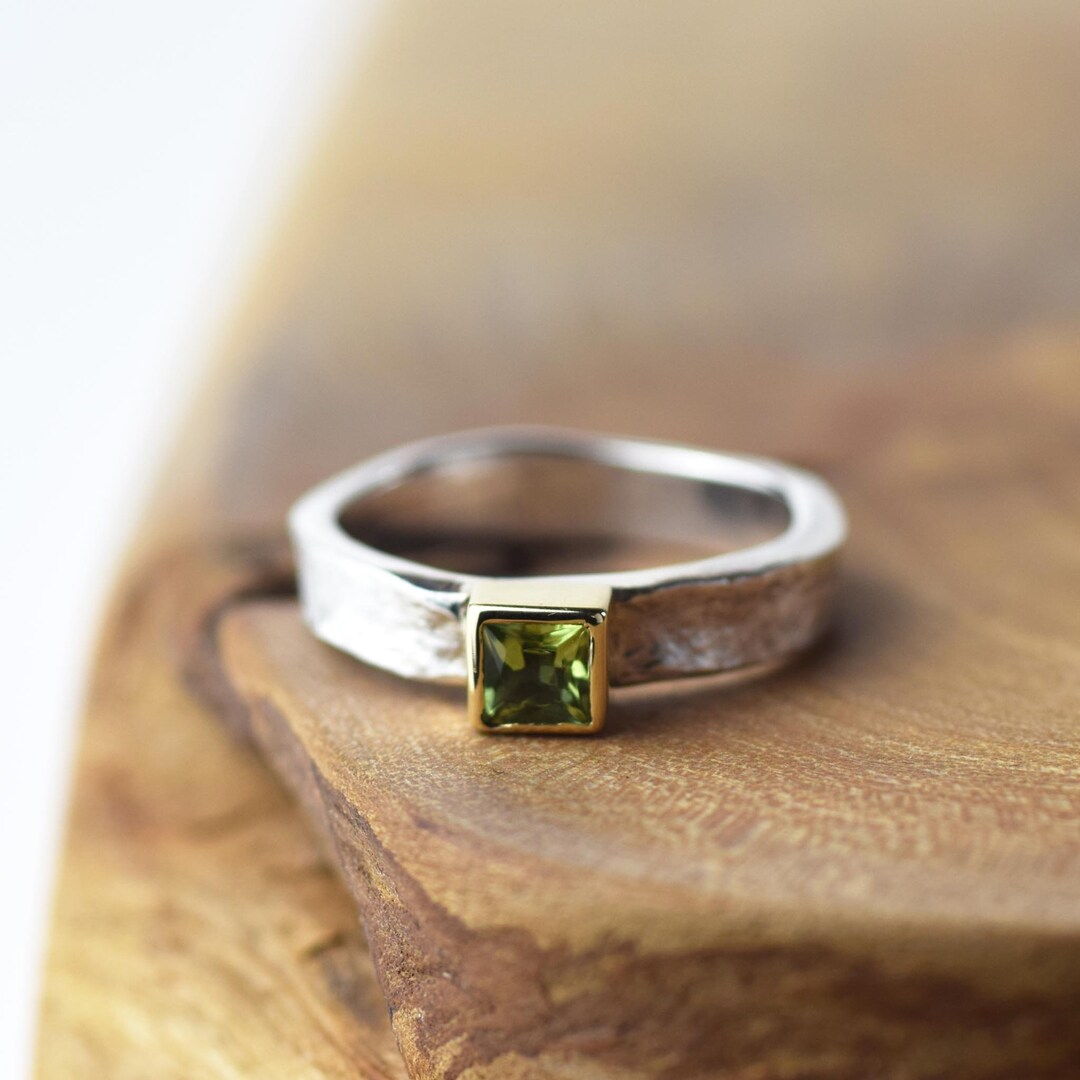 Square Peridot Silver and Gold Textured Gretel Ring - Princess Peridot ...
