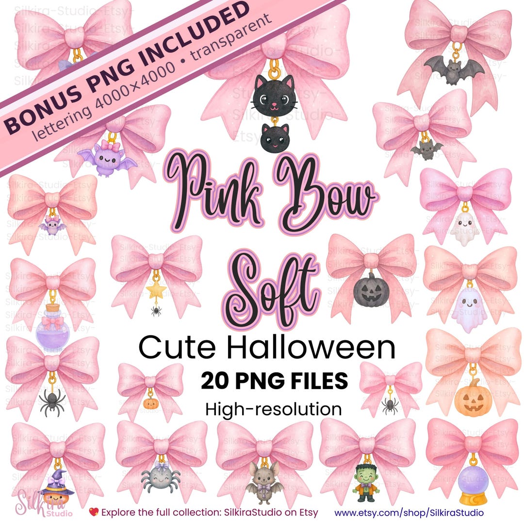 Kawaii Pink Bow Clipart — Soft 3D Watercolor 20 PNG Transparent + Bonus ...