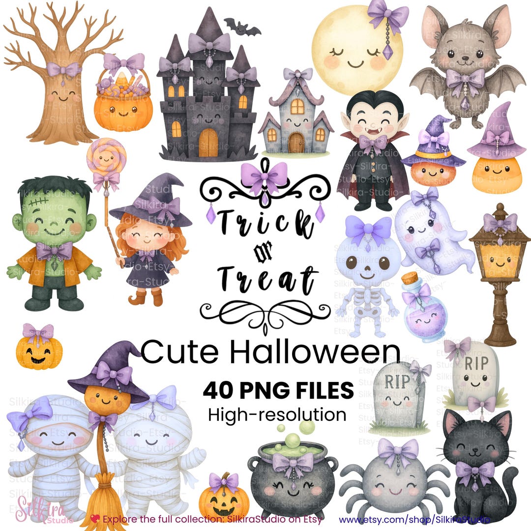 Kawaii Halloween Clipart: Watercolor Witch, Vampire, Haunted House (PNG ...