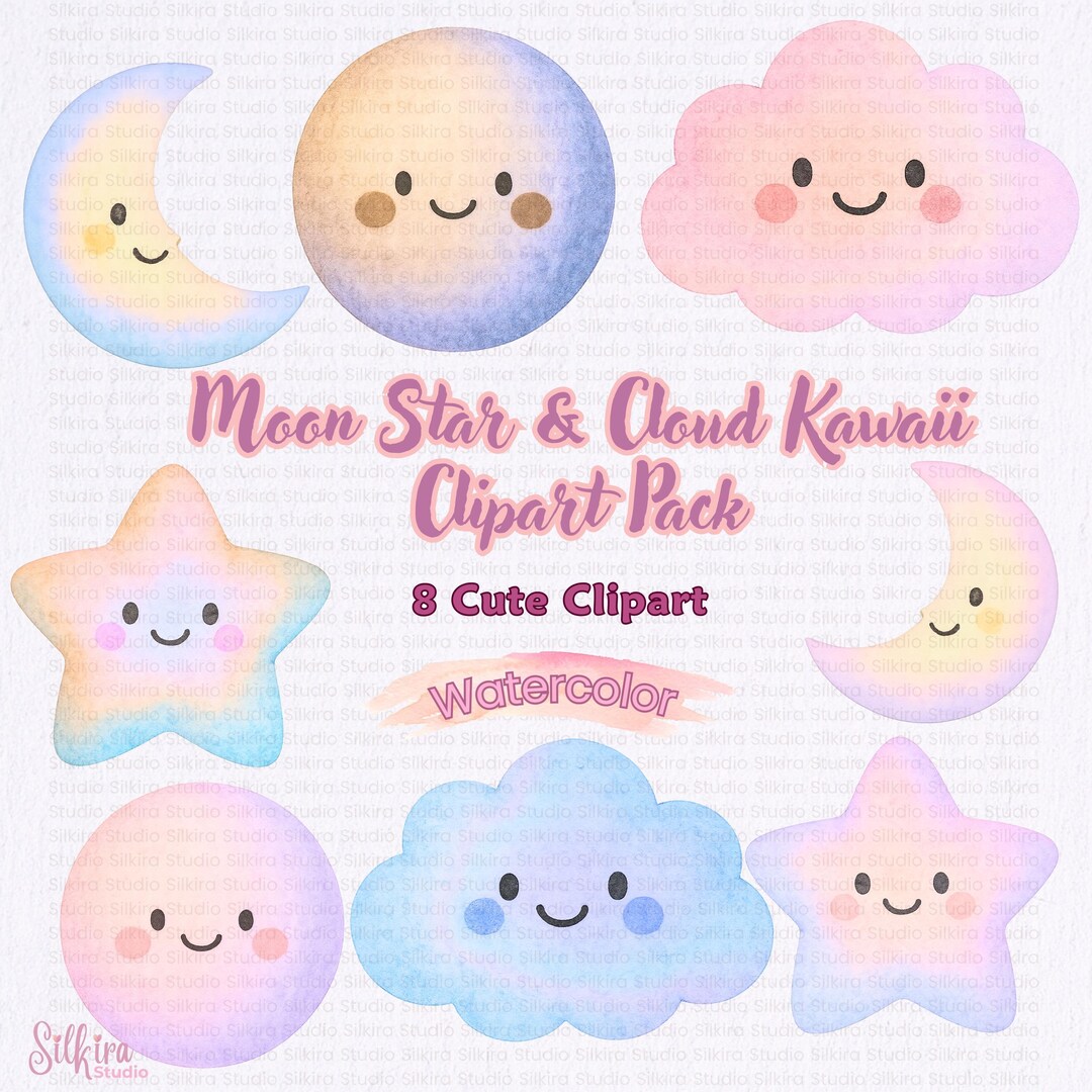 Kawaii Moon, Star & Cloud PNG Clipart – Watercolor Digital Pack ...