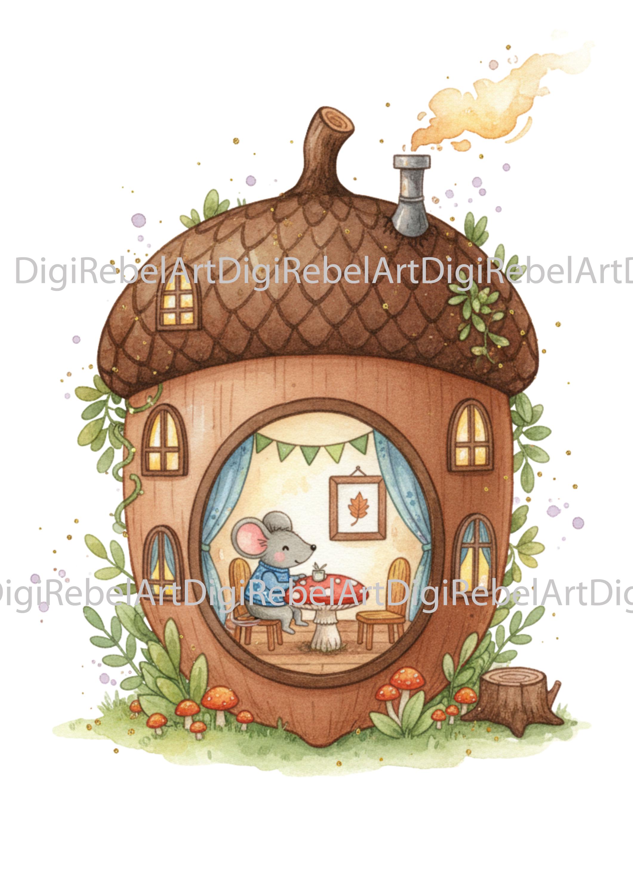 Cozy Acorn House | Watercolor Mouse in Oaknut Home | Autumn Forest ...