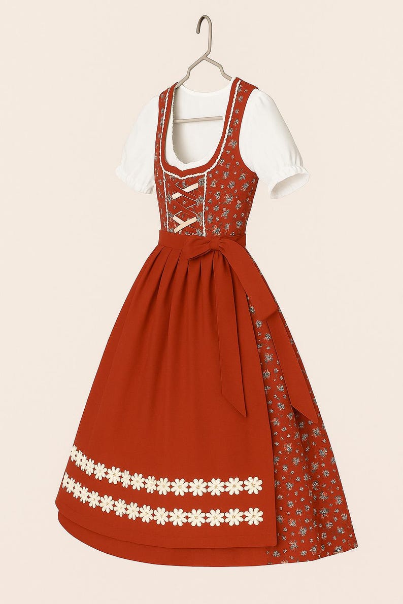 Traditional Red Bavarian Dirndl Dress With Apron & White Blouse ...