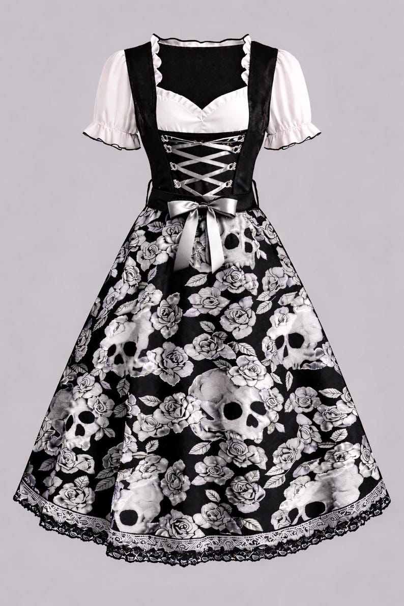Skull Print Gothic Dirndl – Bavarian Trachten Dress, Alternative ...