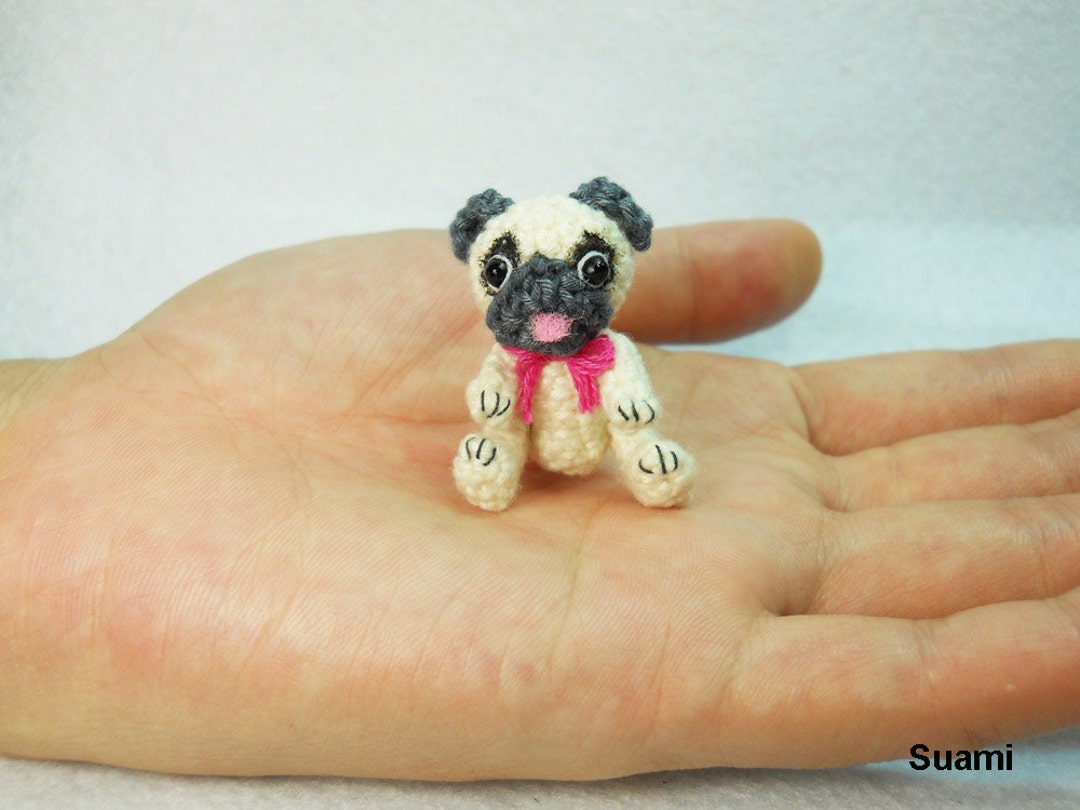 Tan Pug Dog With Pink Bow - Teeny Tiny Dollhouse Miniature Pet - Cotton ...