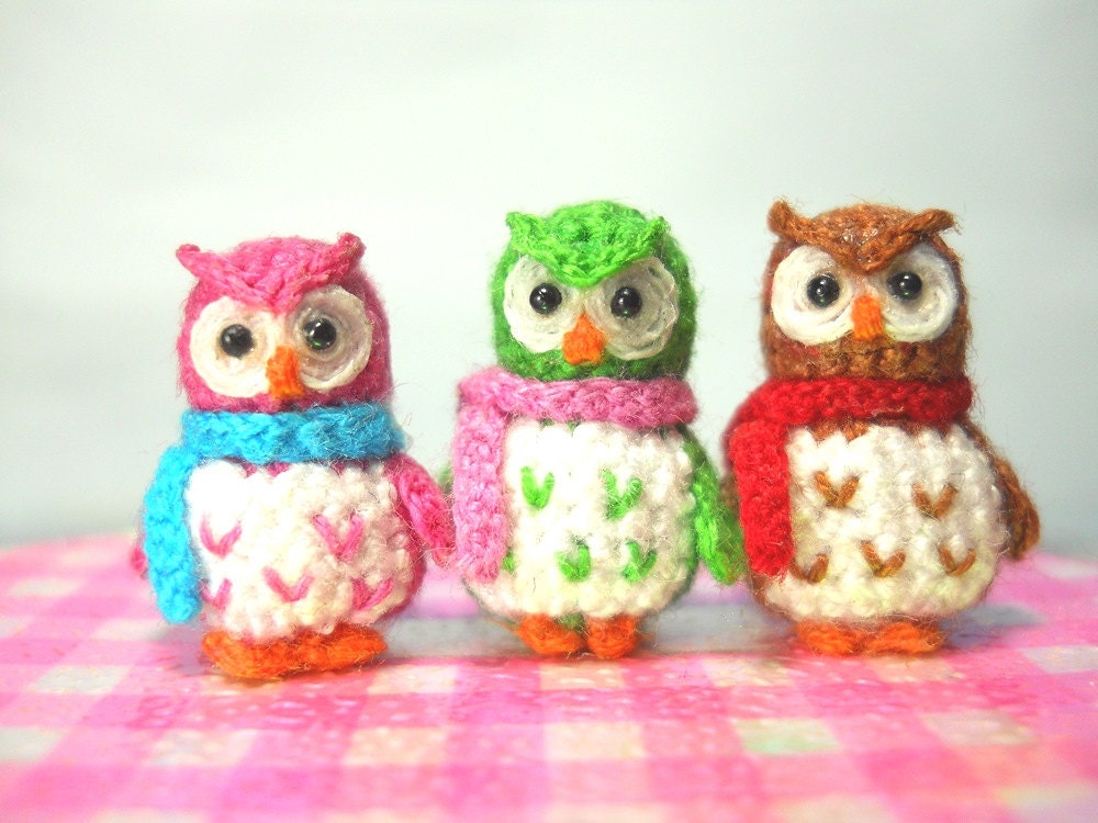 Three Micro Mini Owls - Tiny Amigurumi Crochet Miniature Owl Plush ...