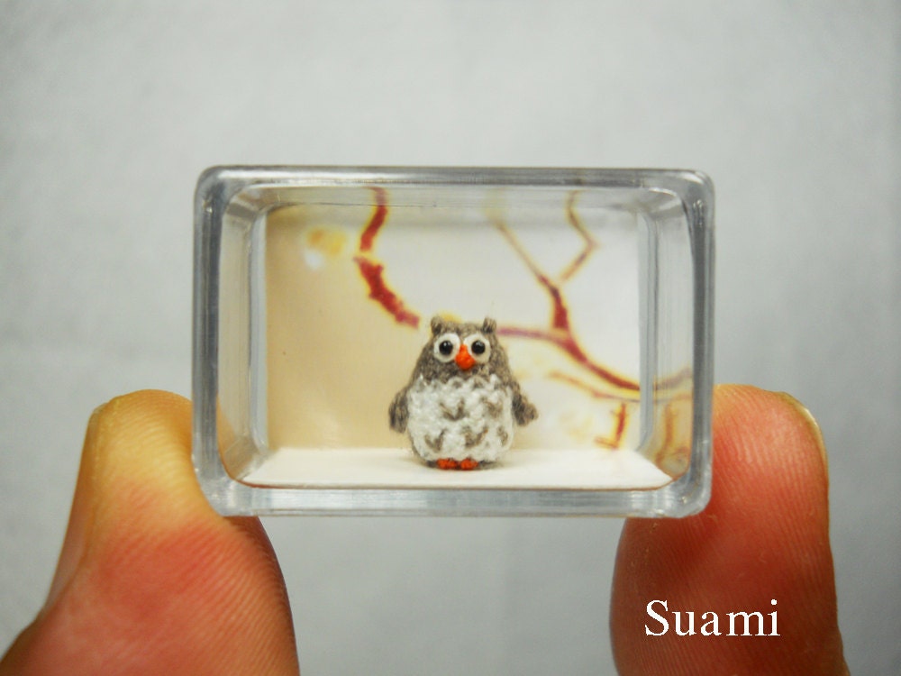 Miniature Crochet Owl - Micro Mini Amigurumi Grey Owl - Made to Order ...