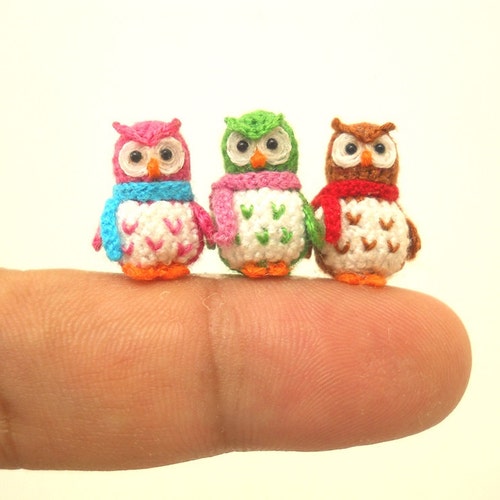 Three Micro Mini Owls Tiny Amigurumi Crochet Miniature Owl | Etsy