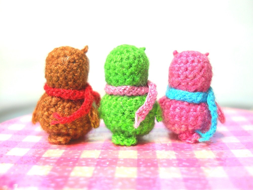 Three Micro Mini Owls - Tiny Amigurumi Crochet Miniature Owl Plush ...