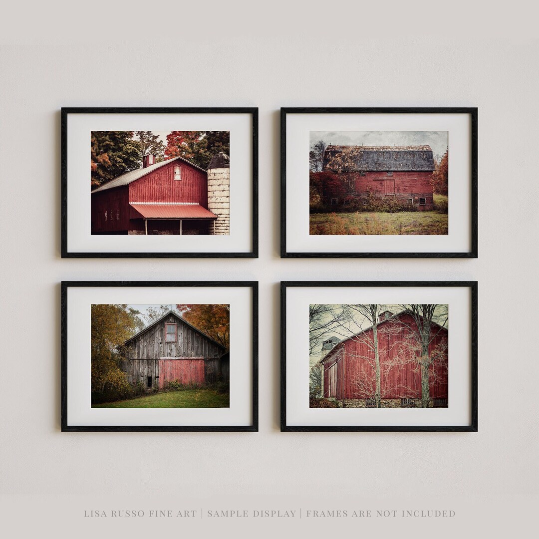 Red Farmhouse Art Prints - Set of 4 - Country Barn Landscape ...