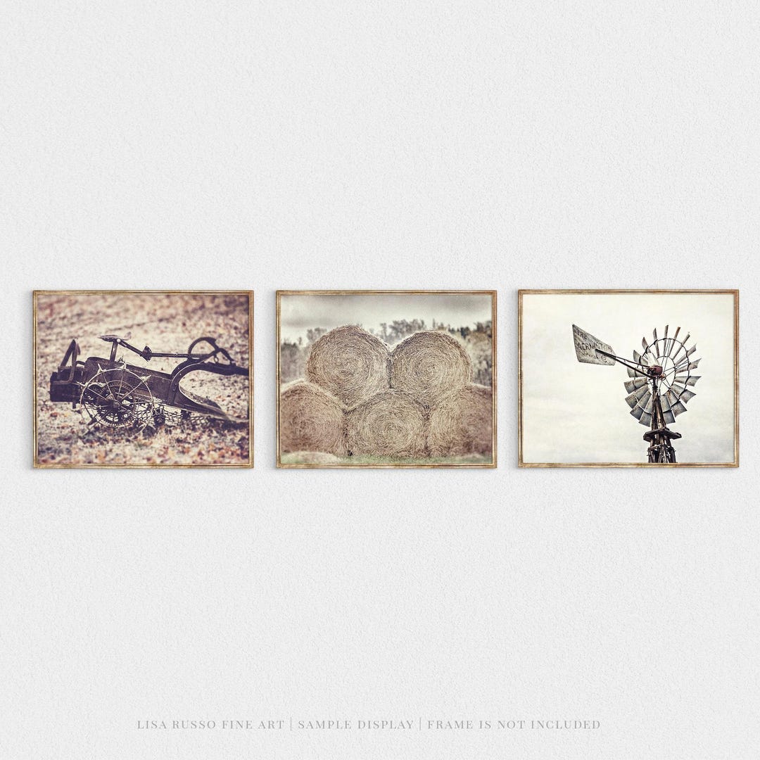 Farmhouse Prints Set: Vintage Windmill, Hay, Plow - Rustic Beige Wall ...