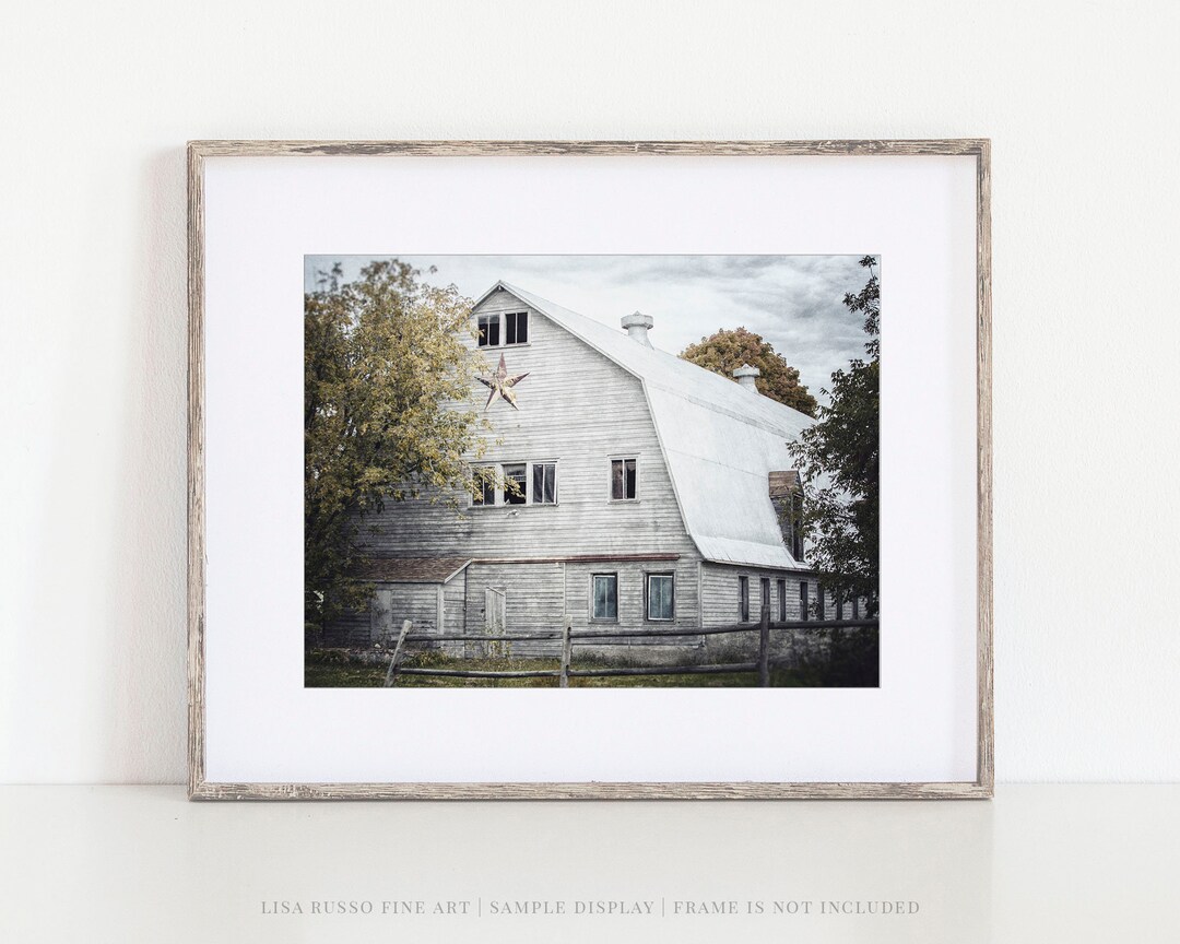 White Barn Landscape Print - Farmhouse Wall Art for Country Living Room ...