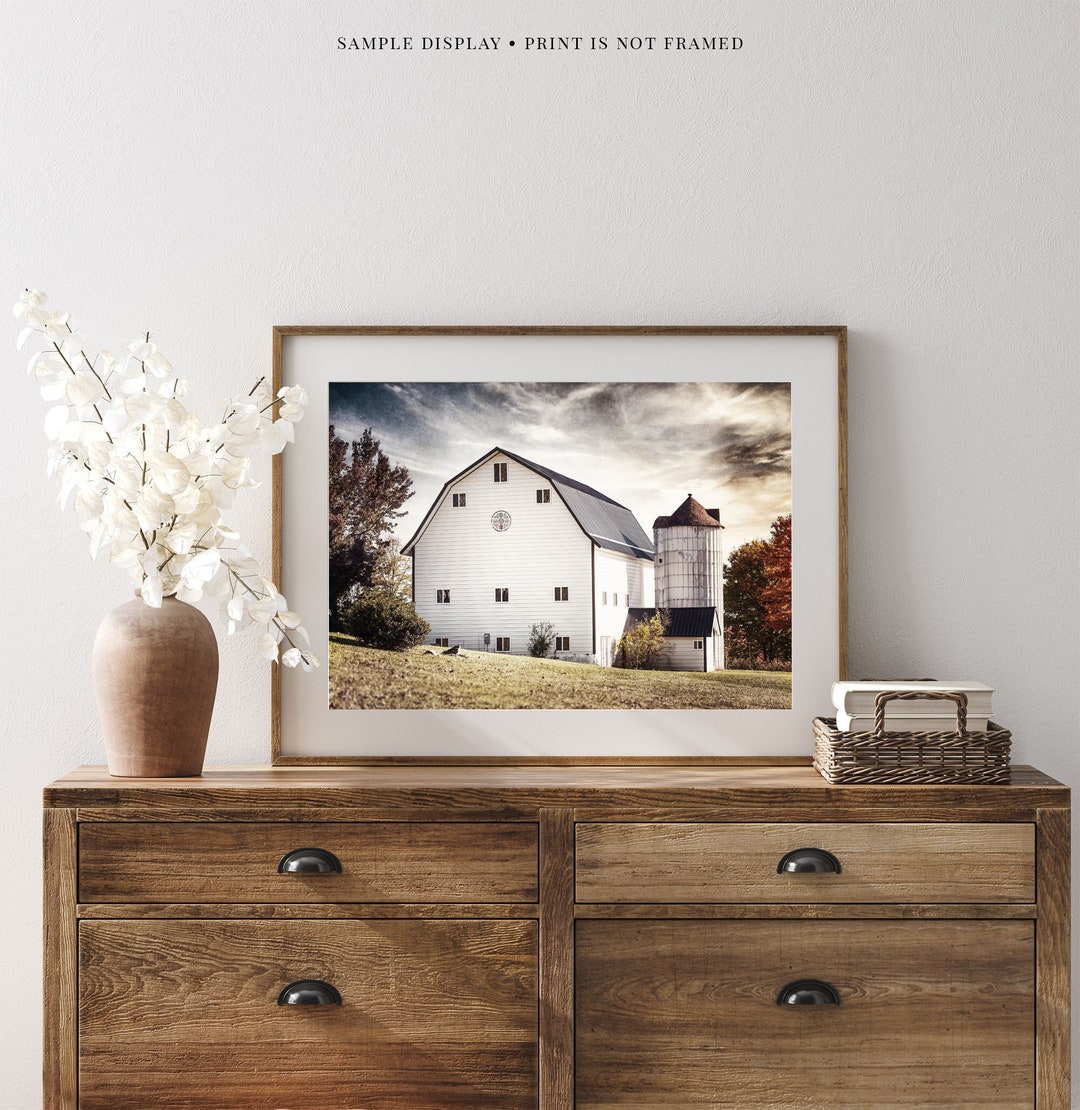 White Barn Landscape Print or Canvas - Rustic Farmhouse Wall Decor ...