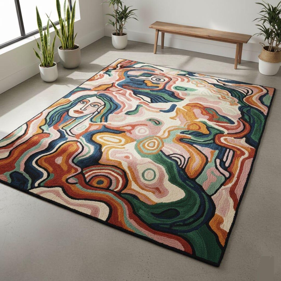 Abstract Face Art Rugs – Colorful Modern Area Rug, Contemporary Boho ...