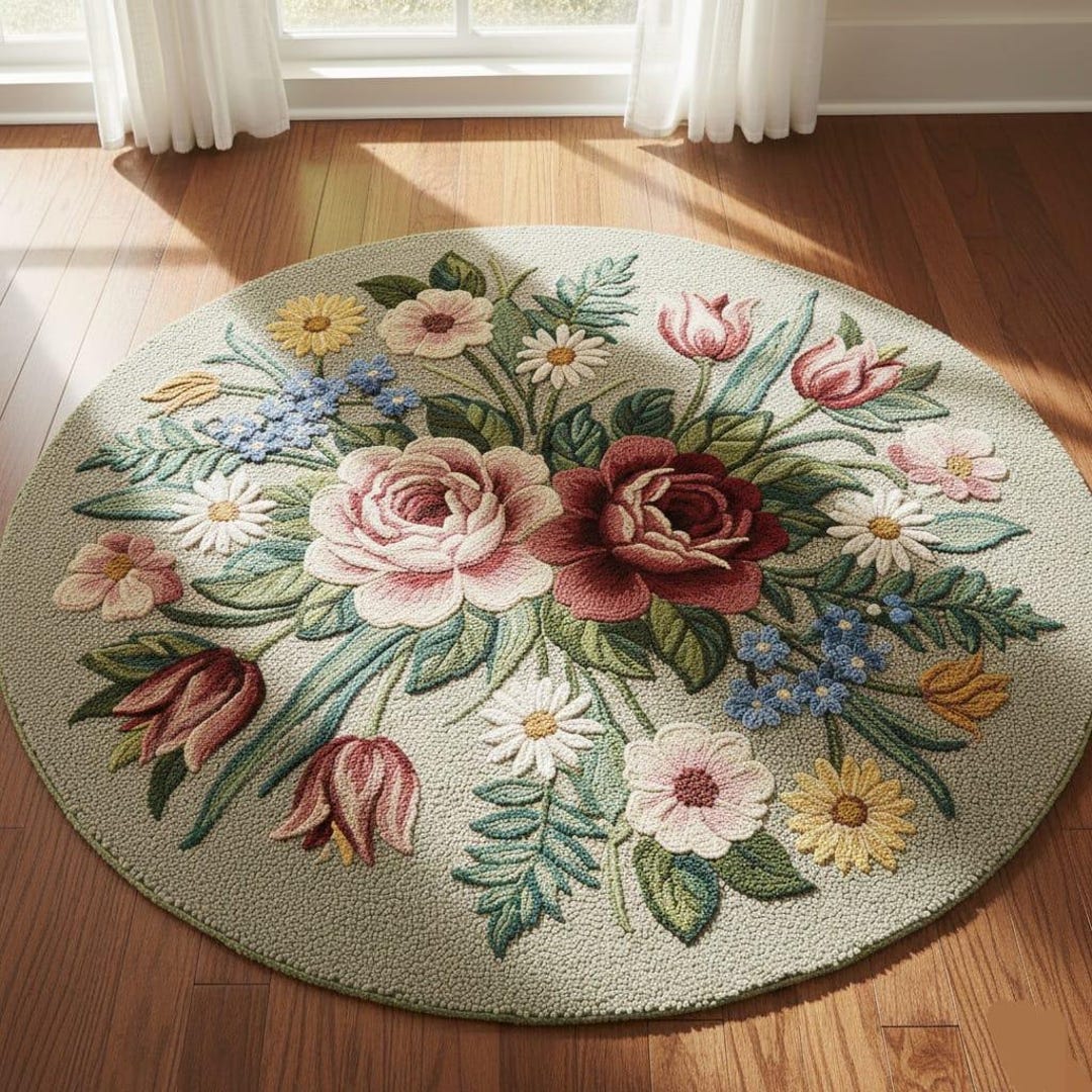 Hand-tufted Wool Round Floral Rug, Cottagecore Meadow Design - Etsy