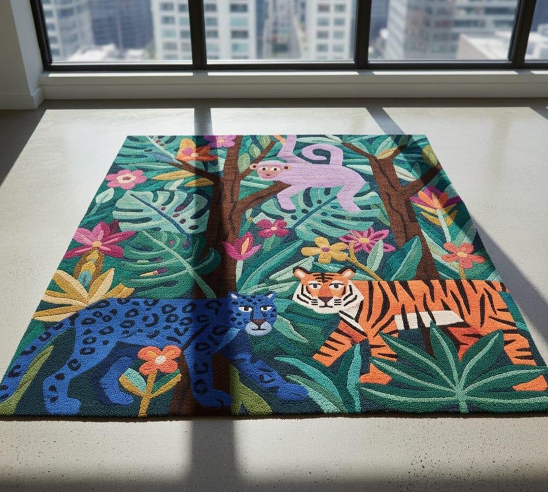 Hand Tufted Jungle Animals Kids Rug – Colorful Safari Tiger Leopard ...