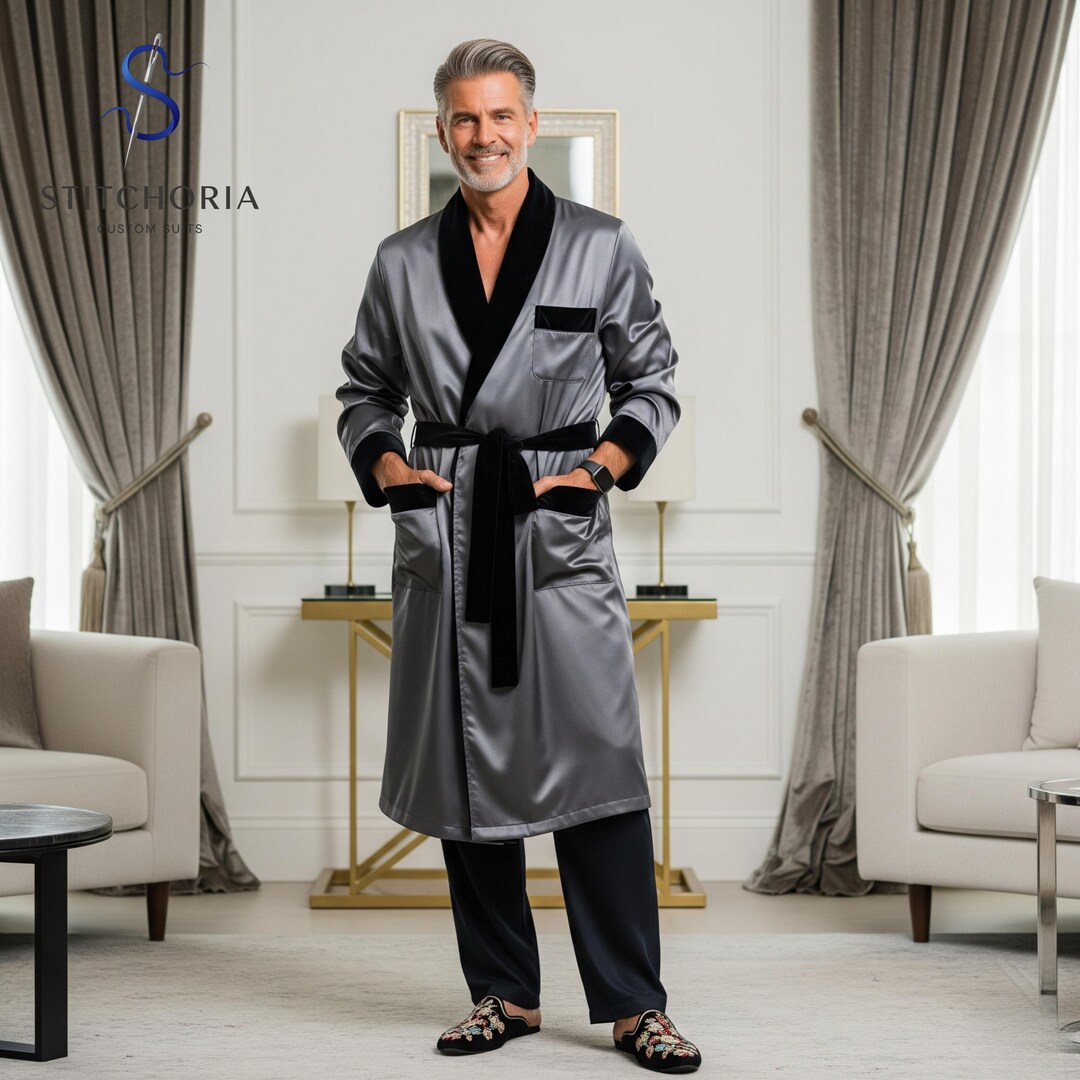 Men's Gray Velvet Smoking Jacket | Tassel Belt | Vintage Lounge Wear ...