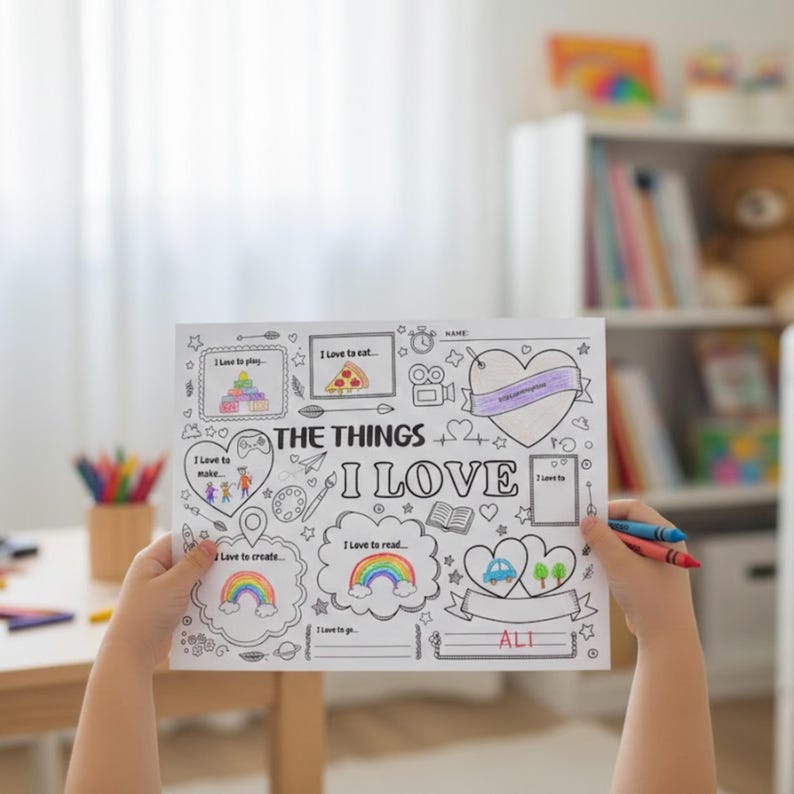Valentine's Day Activity Sheet, Things I Love Printable, Kids Coloring ...