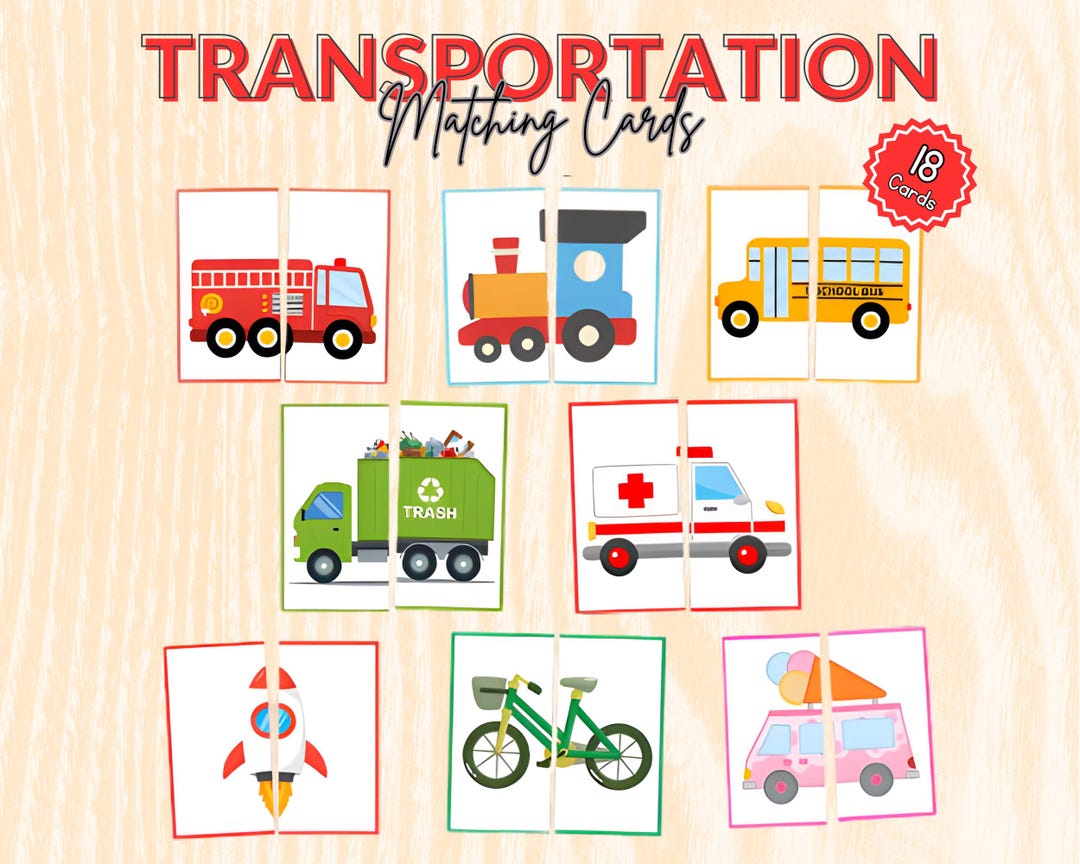 Transportation Matching Cards: Vehicle Puzzle Game, Preschool Activity ...