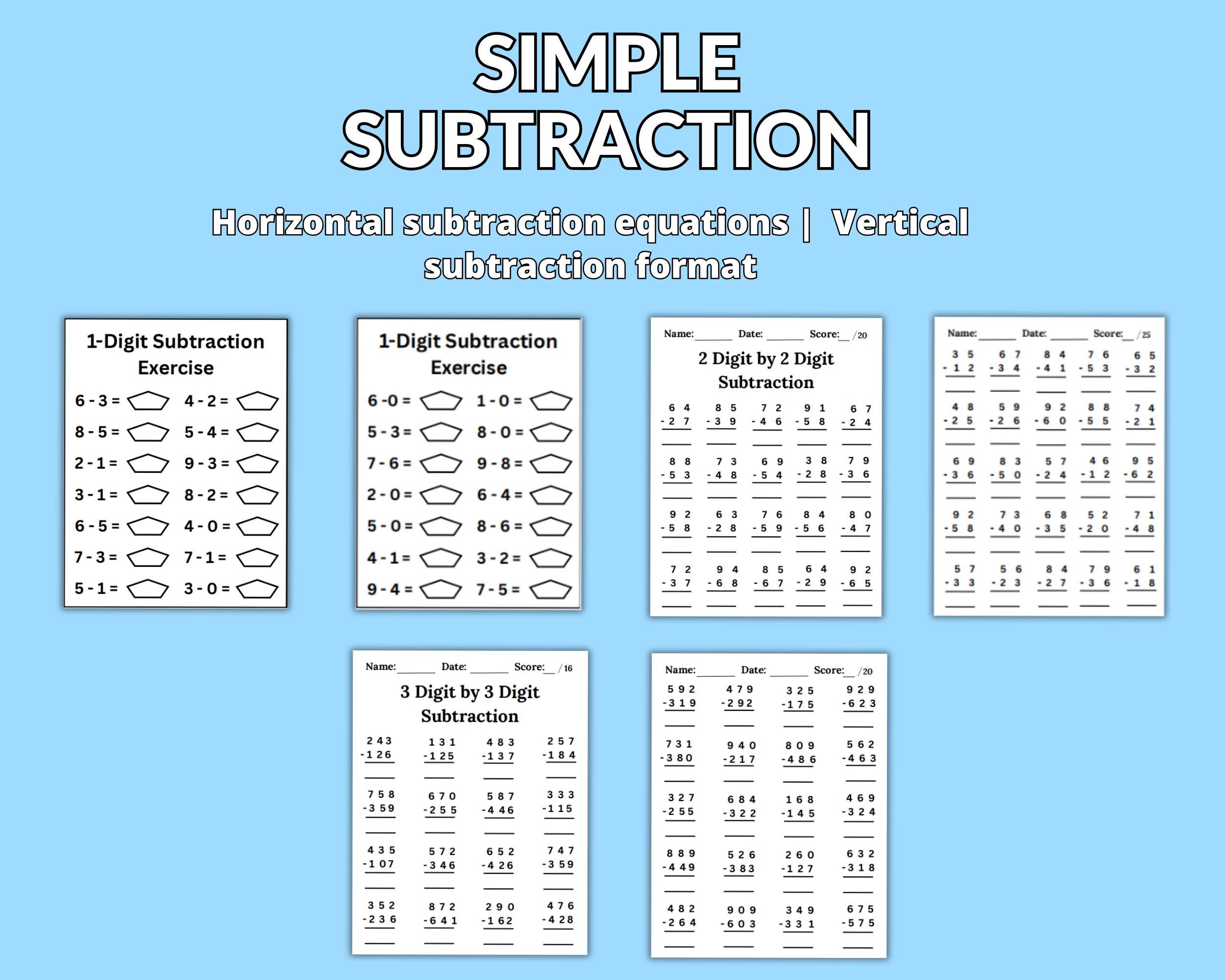 Subtraction Worksheets, Math Fill in Blanks for Kindergarten (PDF) - Etsy