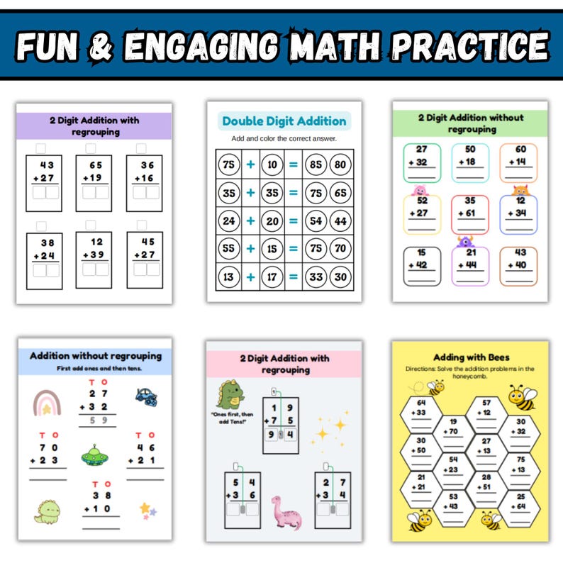 2-digit Addition Worksheets: Place Value, Regrouping (digital Download ...
