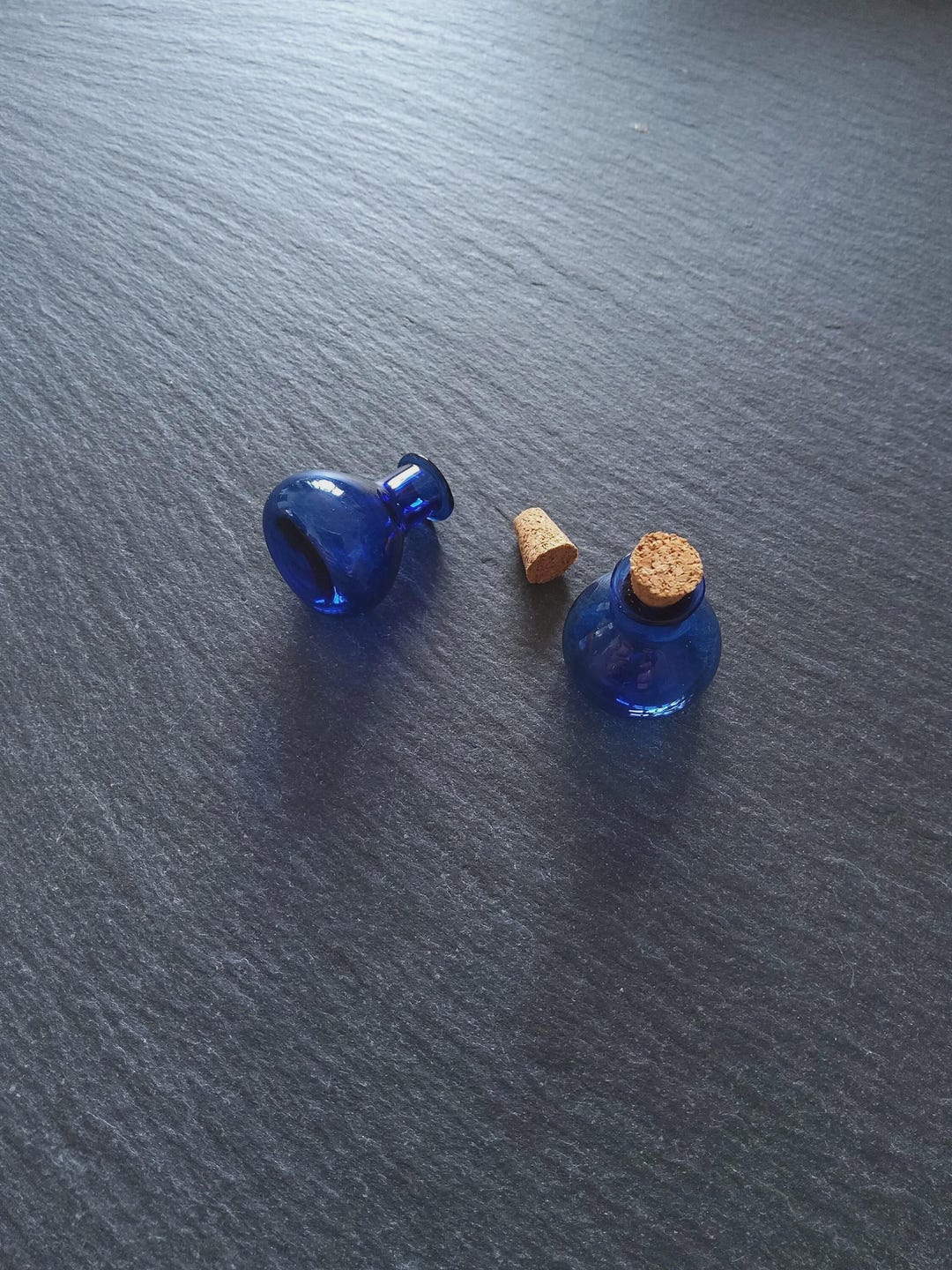 2 or 10 Little Glass Bottles Cobalt Blue Flat Bottom With Cork Stopper ...