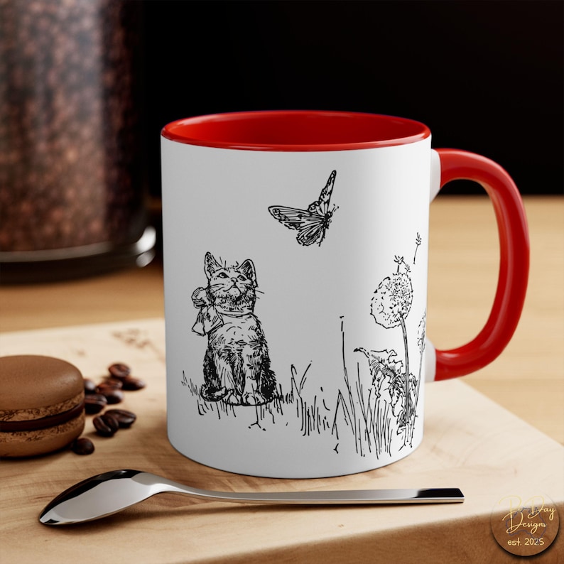 Vintage Cat Butterfly and Dandelion Sketch Illustration Mug | Ceramic ...