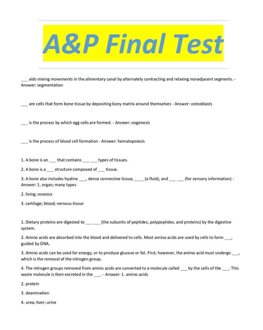 A and P Final Test Exam Study Guide - Etsy