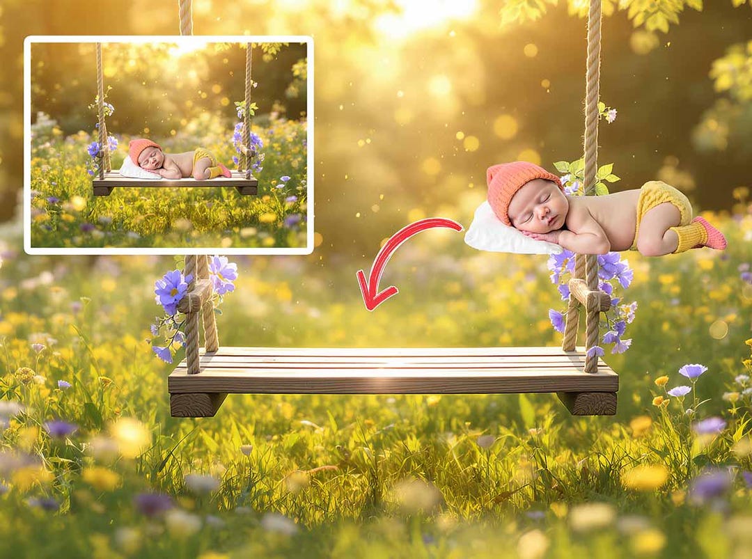 Baby Swing Overlay With Blue Flowers – Newborn Photography Summer Backdrop – Digital Background ...