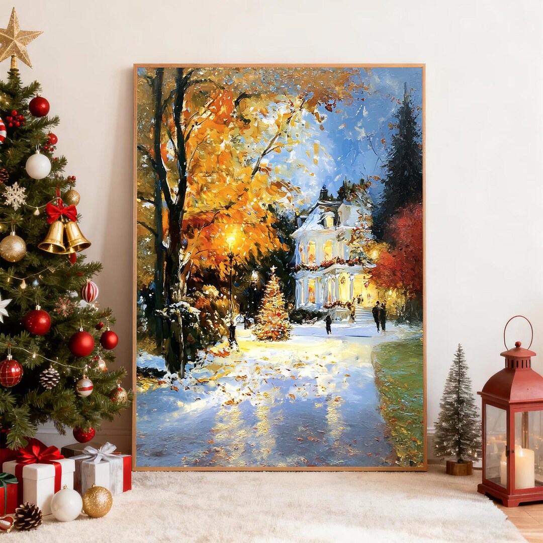 Impressionist Christmas Mansion Oil Painting, Snowy Autumn Decor - Etsy