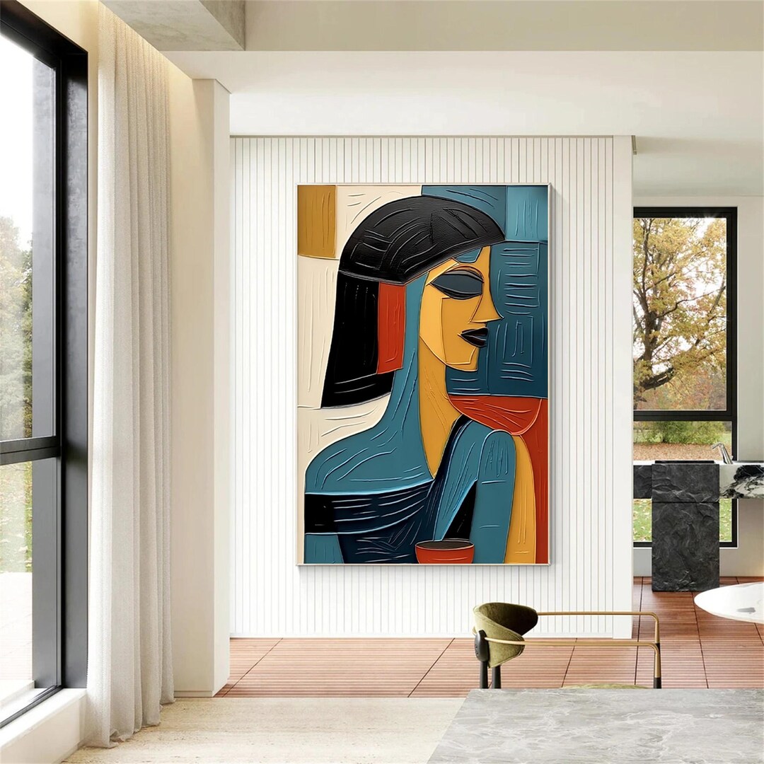 Cubist Female Portrait Oil Painting - Vibrant Abstract Figure Decor ...