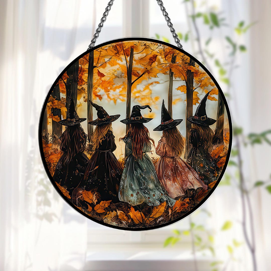 Stained Glass Witches Gathering Decoration Window Hanging Round ...