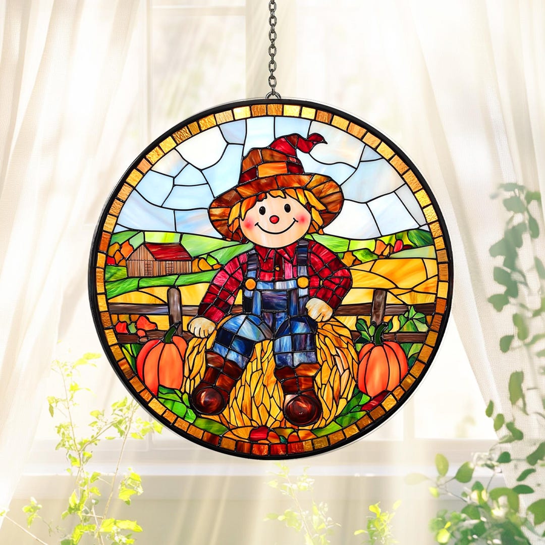 Scarecrow Suncatcher: Fall Pumpkin Acrylic Stained Glass Window Hanging ...
