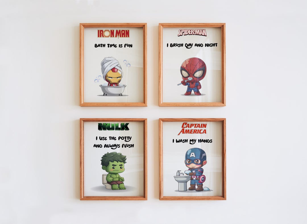 Set of 4 Superhero Bathroom Art | Kids Bedtime Routine Prints ...